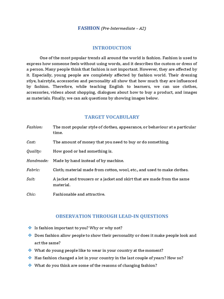 Fashion Pre-Intermediate - A2 | PDF | Fashion | Clothing