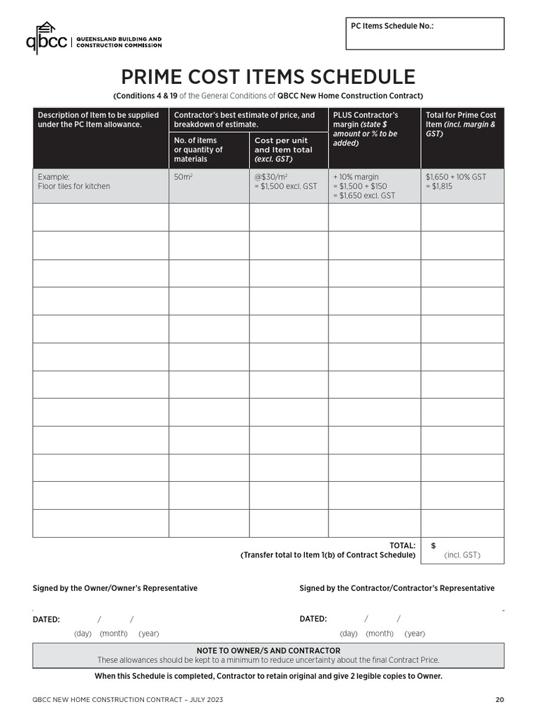 Prime Cost Items Schedule | PDF