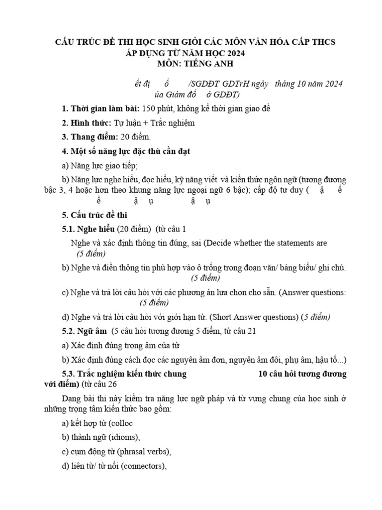 3. Cấu trúc đề thi chọn HSG tỉnh - môn Tiếng Anh cấp THCS | PDF