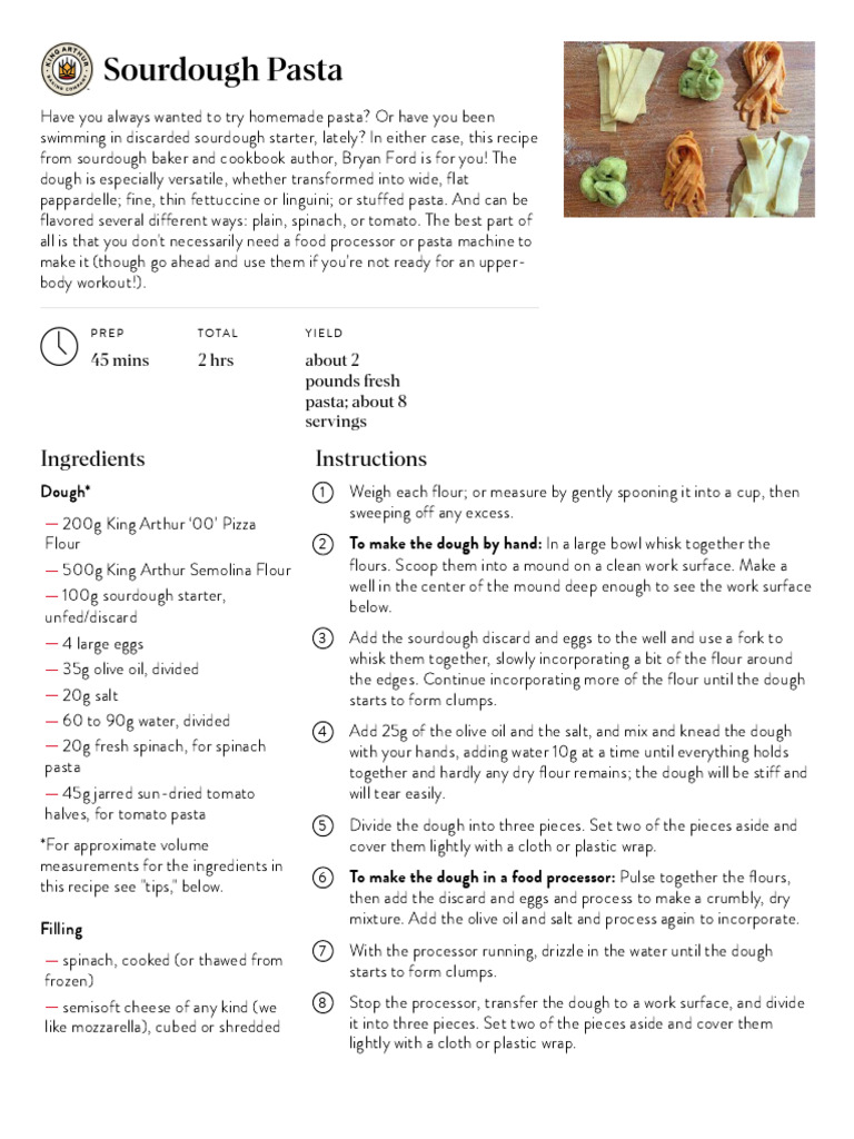 Sourdough Pasta Recipe with King Arthur Flour | PDF | Pasta | Dough