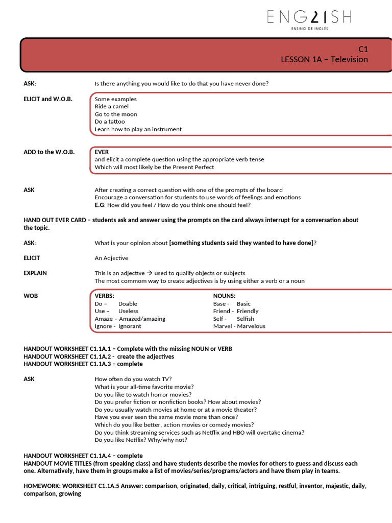 Television (lesson plan) | PDF | Verb | Adjective