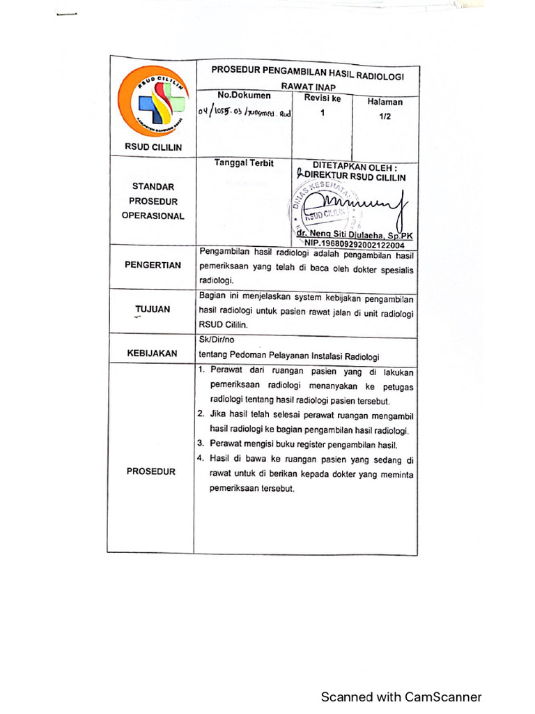 SOP Prosedur Pengambilan Hasil Radiol | PDF