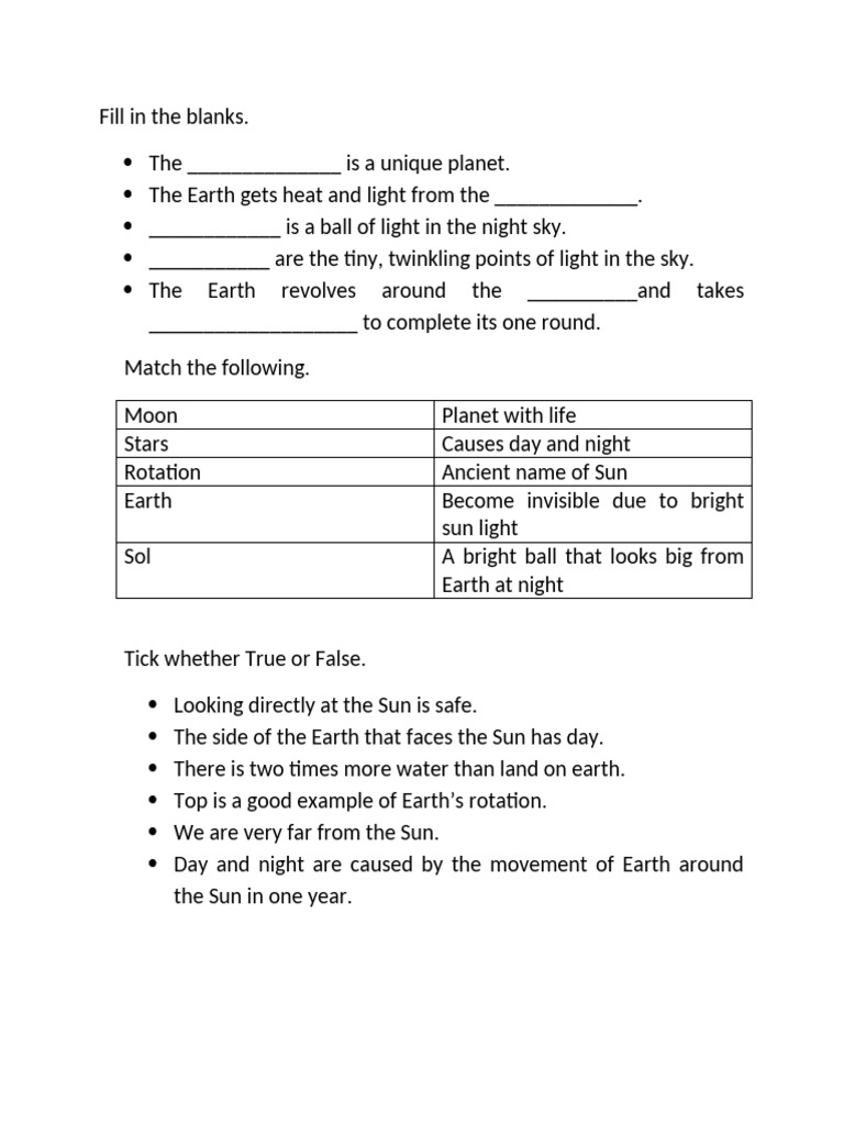 Earth and Space: Fill-in-the-Blanks Activity | PDF