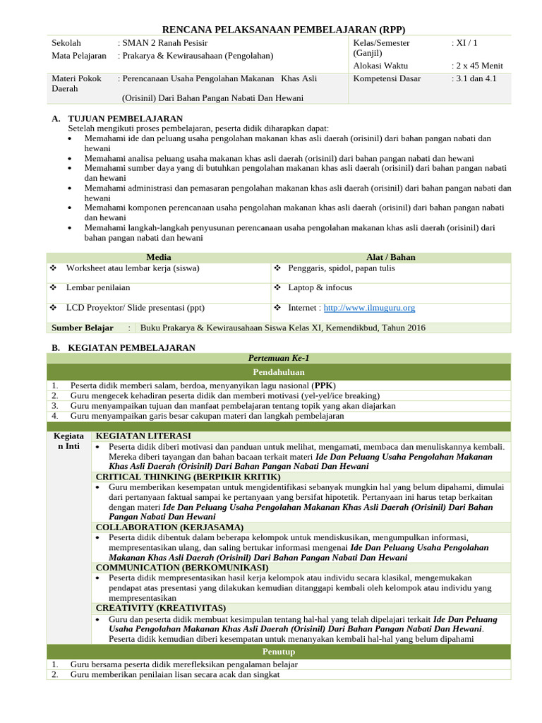 RPP 1 PKWU (Pengolahan) XI | PDF