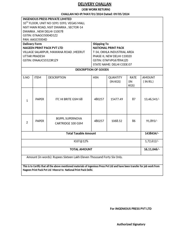 Challan Format-Job Work Return | PDF