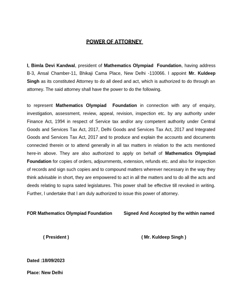 POWER OF ATTORNEY MATH | PDF | Power Of Attorney | Governance