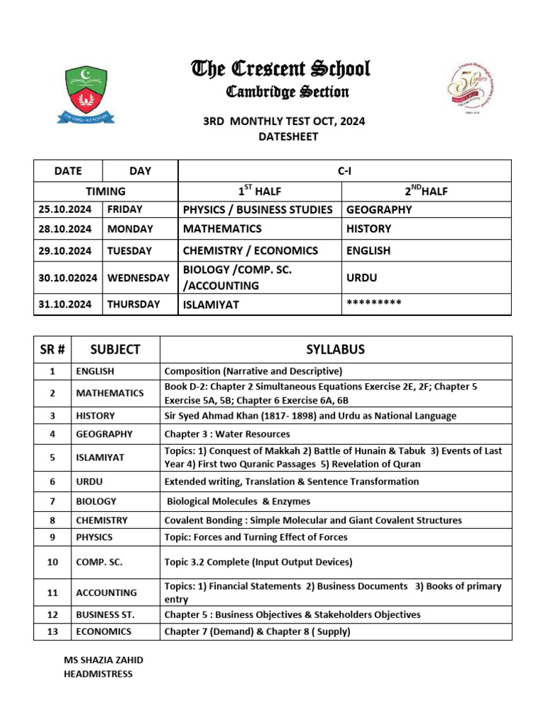 C-1, Datesheet 3rd Monthly Test Oct, 2024 - 1 | PDF