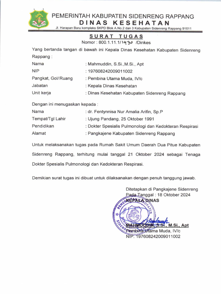 Surat Tugas Dr. Fentynnisa Nur Amalia Arifin (RS. Dua Pitue) | PDF Surat Tugas Dr. Fentynnisa Nur Amalia Arifin (RS. Dua Pitue) | PDF