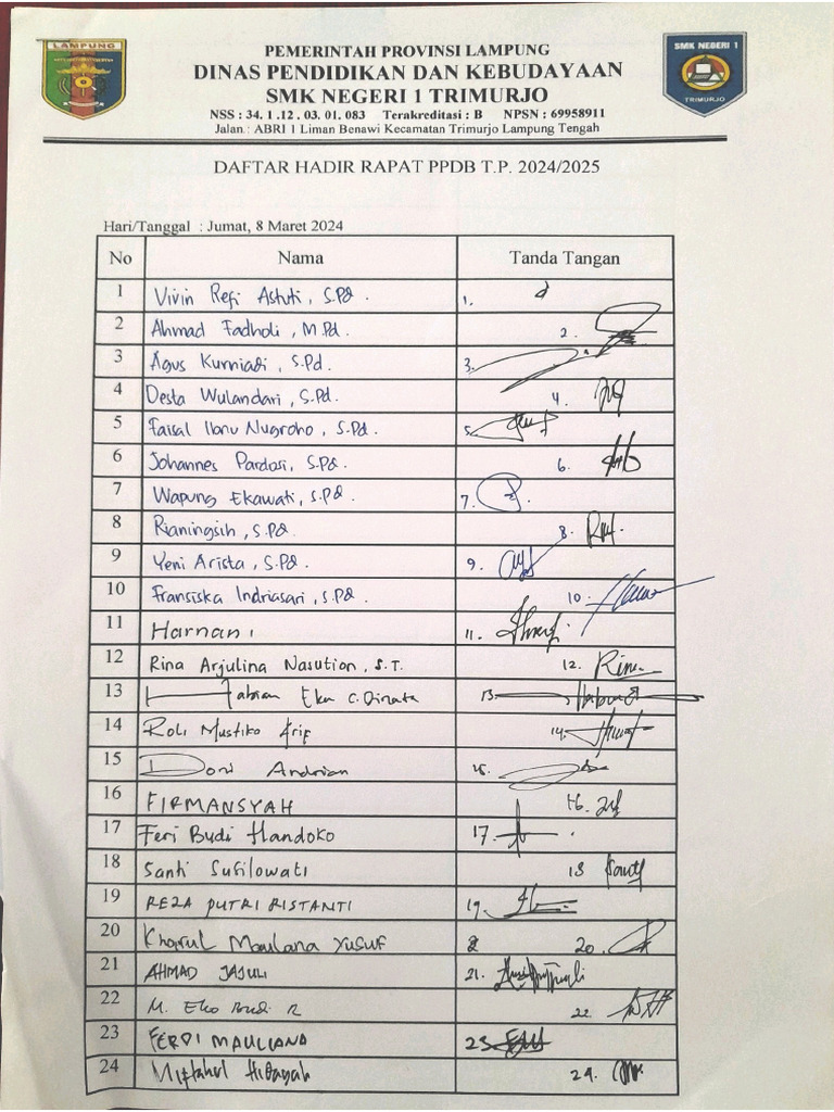 Daftar Hadir Rapat PPDB 8 Maret | PDF