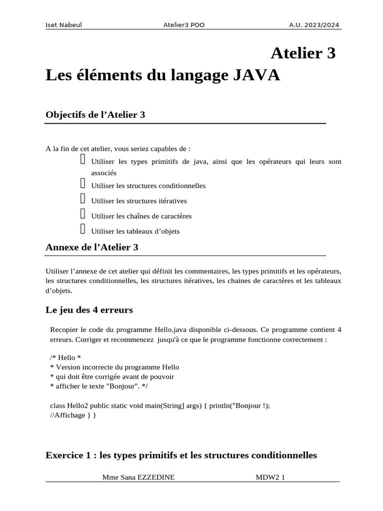 Atelier Java: Structures et Objets | PDF | Java (Langage de programmation) | Programme informatique