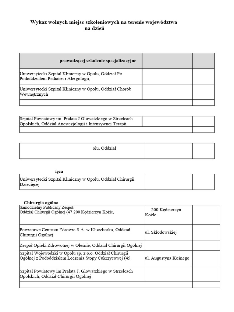 Opolskie Wykaz Wolnych Miejsc Post. Jesien 2024 | PDF