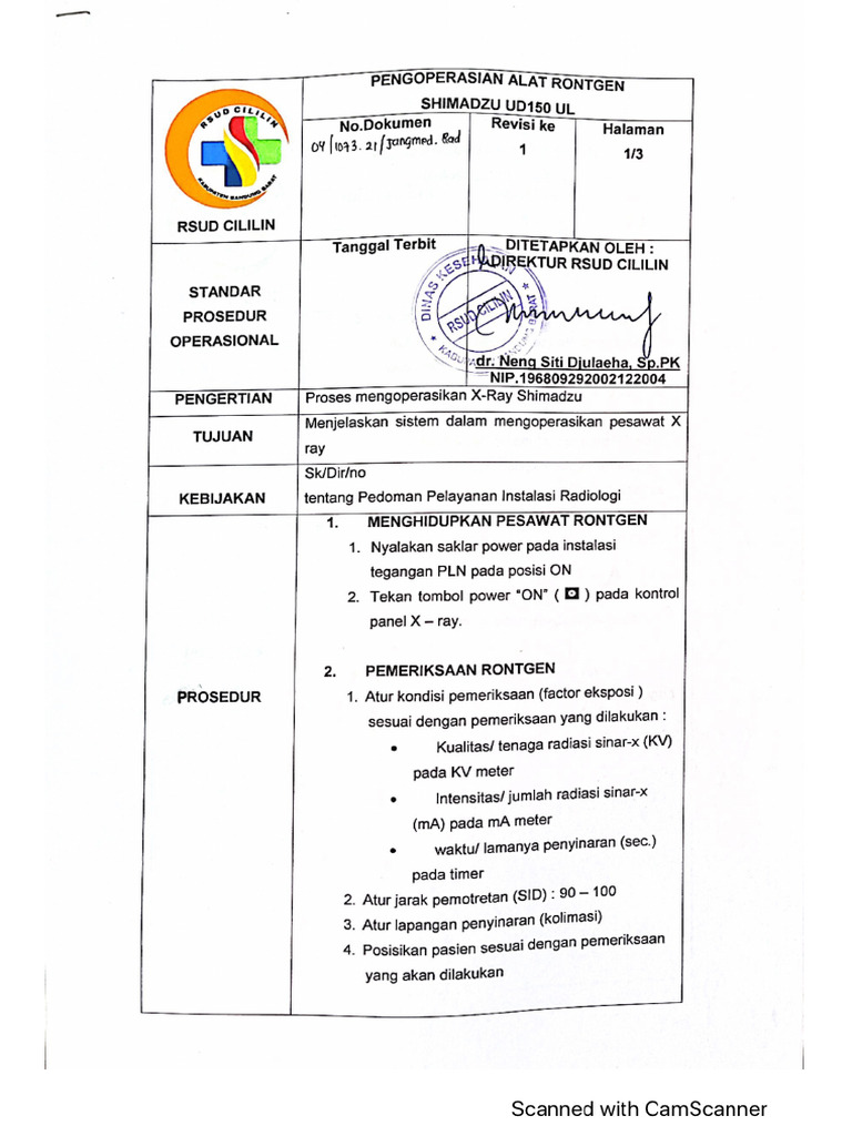 SOP Pengoperasian Alat Rontgen Shimadzu UD150 UL | PDF