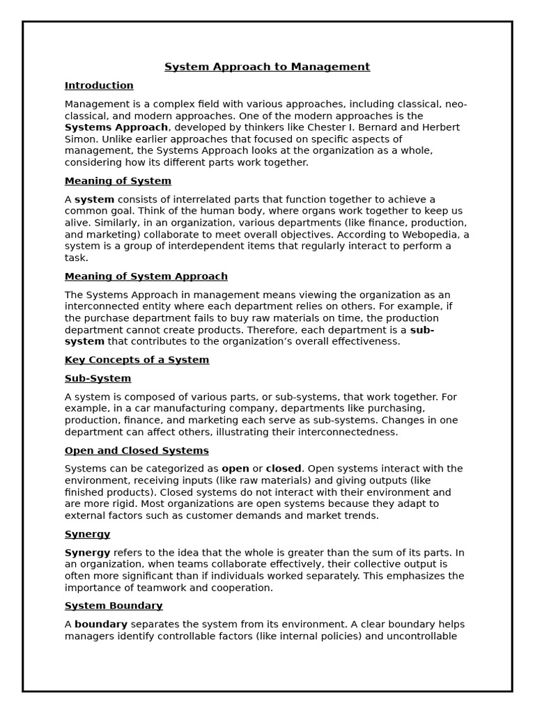 System Approach To Management | PDF | System | Systems Theory