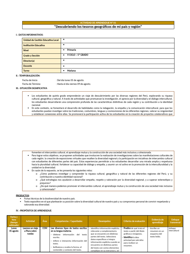 5º - Grado Planificador Sem 1 - U6 - 24 | PDF | Evaluación | Aprendizaje