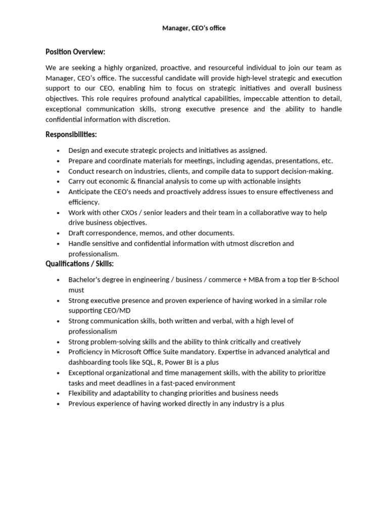 CEO Office Manager Job Description | PDF