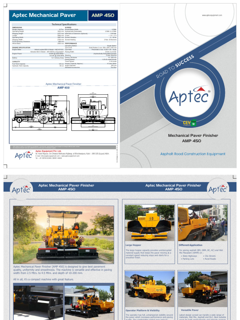 Aptech Paver Finisher AMP450 | PDF | Vehicle Technology | Motor Vehicle