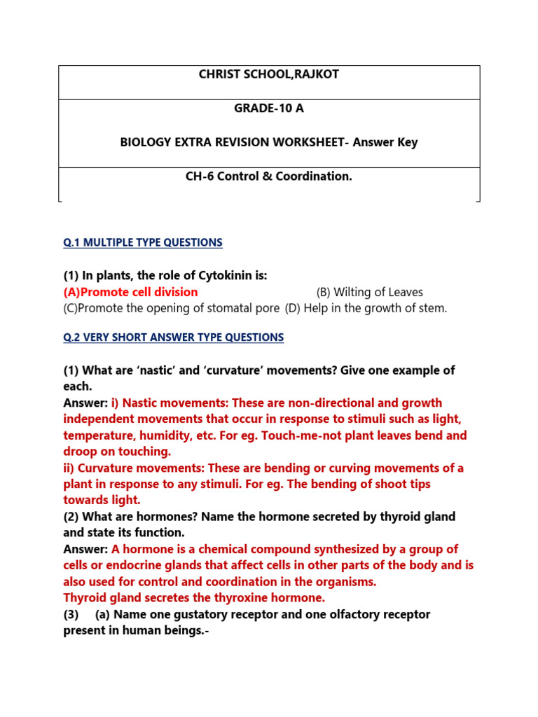 STD 10 ch-6 Worksheet - Answer Key | PDF | Hormone | Brain