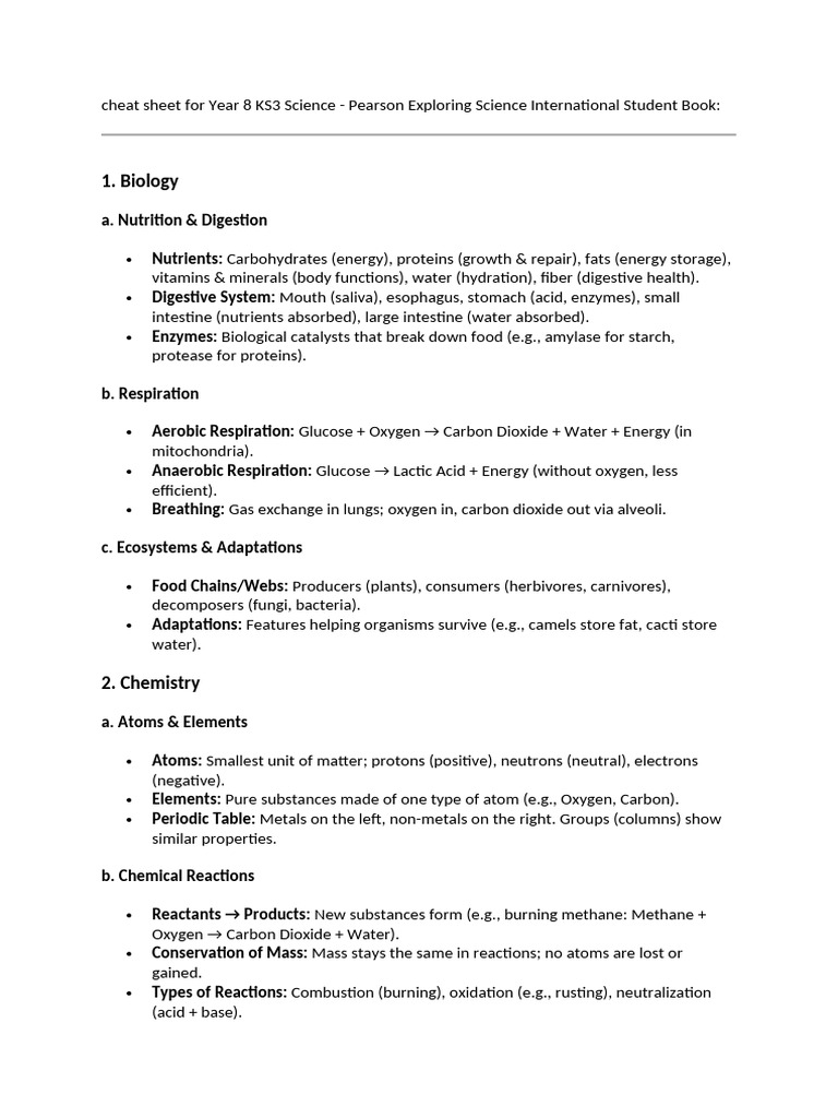 Year 8 Science Cheat Sheet | PDF | Digestion | Cellular Respiration