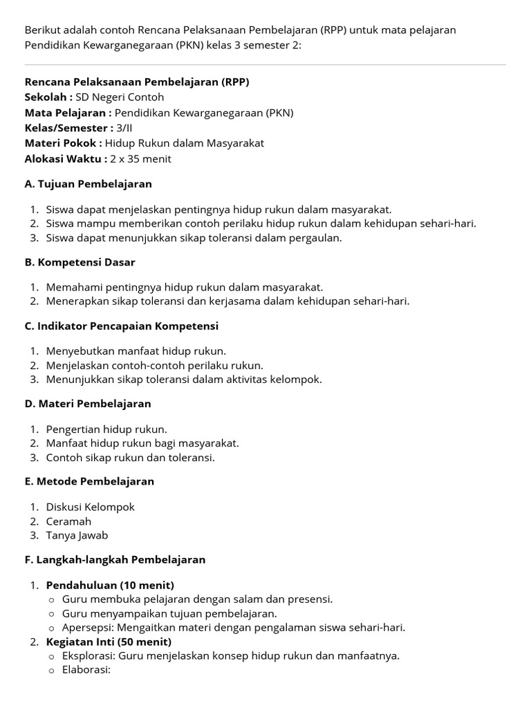Berikut Adalah Contoh Rencana Pelaksanaan Pembelajaran (RPP) Untuk Mata ...