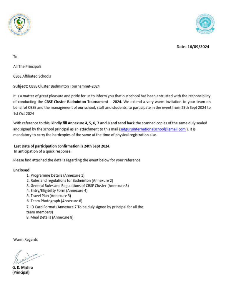 Cbse Cluster Badminton 2024-25 Invite | PDF | Meal