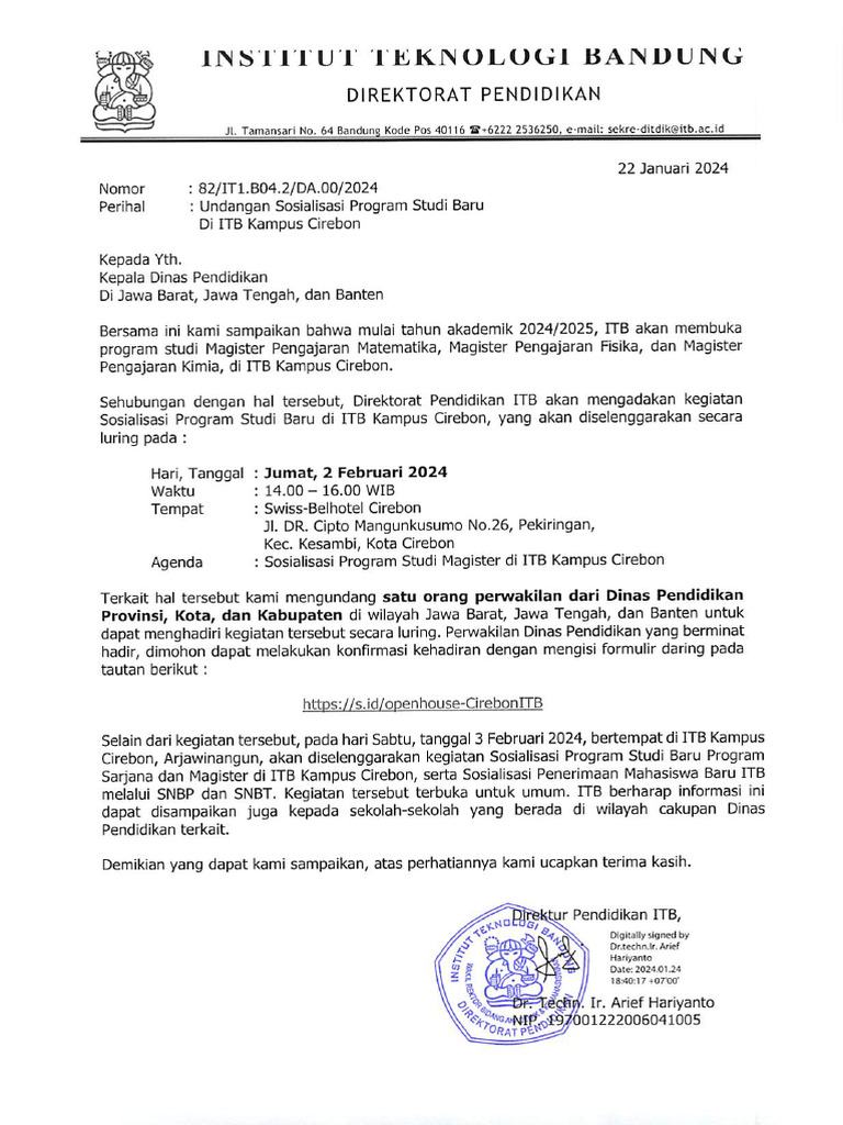 Nomor082 - Undangan Sosialisasi Program Studi Baru Di ITB Kampus ...