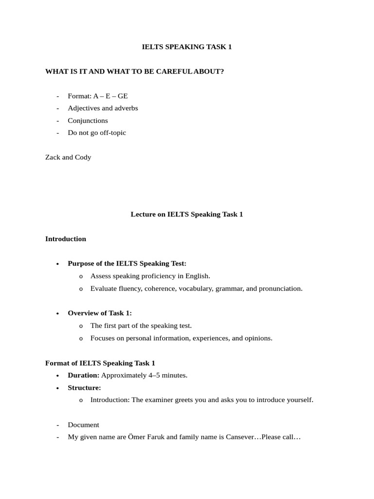 IELTS SPEAKING TASK 1 | PDF | International English Language Testing ...