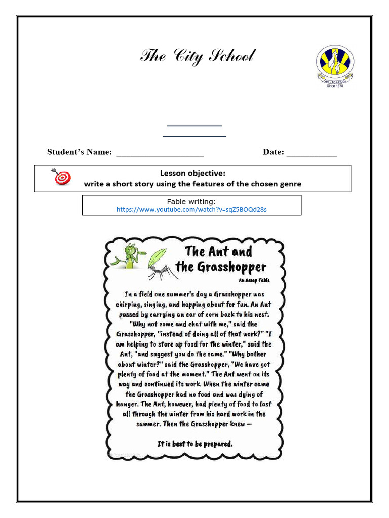 Fable Writing Worksheet for Grade 6 | PDF