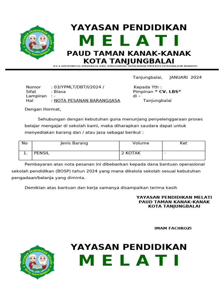 Nota Pesanan Barang PAUD Tanjungbalai | PDF