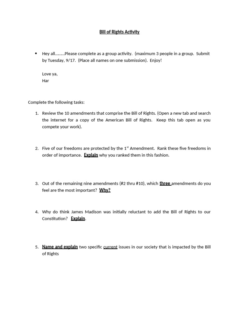 Bill of Rights Activity | PDF