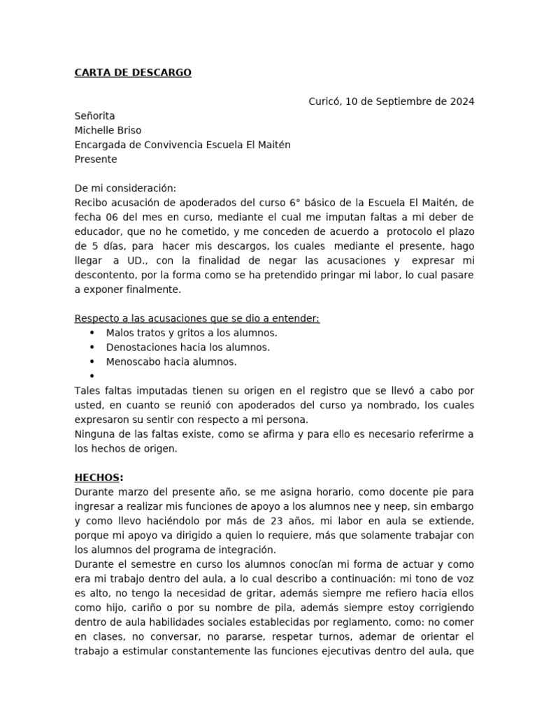 Carta de Descargo | PDF | Salón de clases