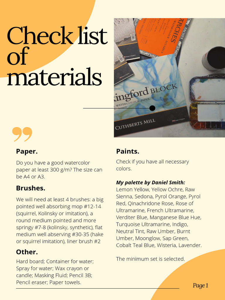 Essential Watercolor Materials Checklist | PDF | Vision | Artistic ...