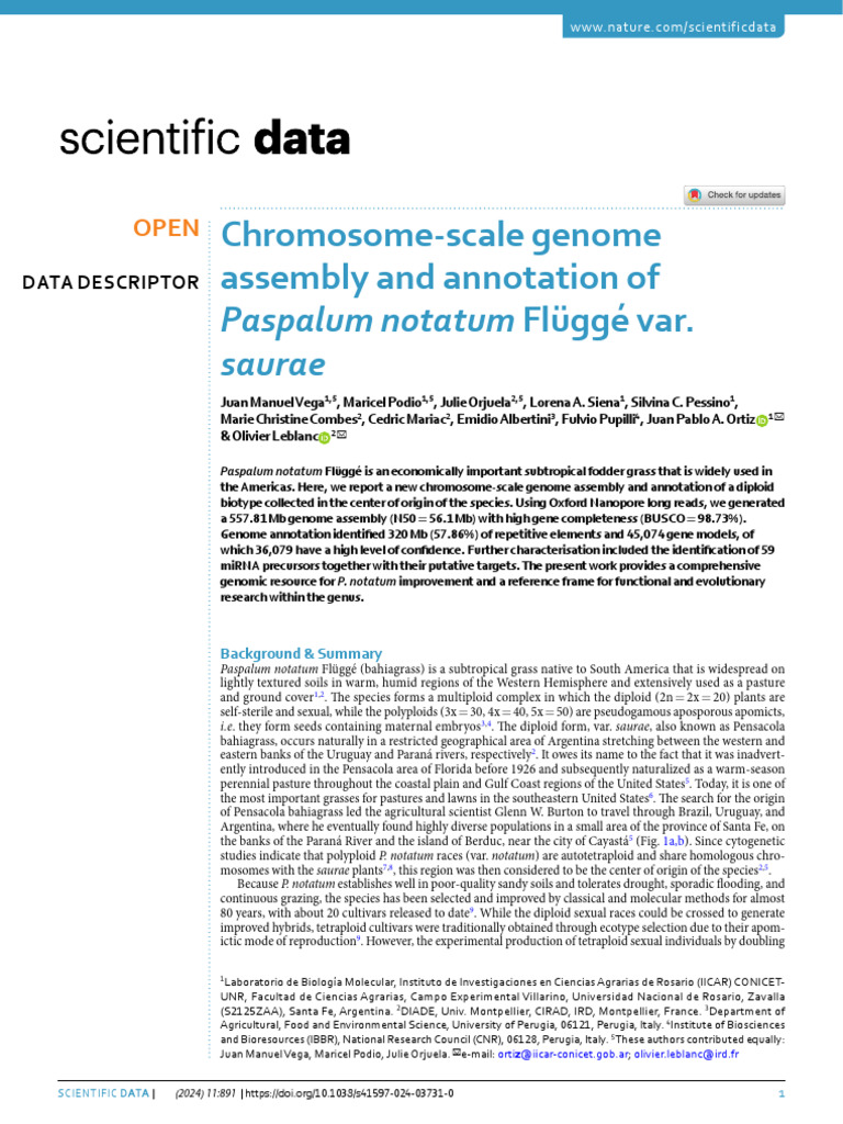 Chromosome-Scale Genome Assembly and Annotation Of: Paspalum Notatum ...