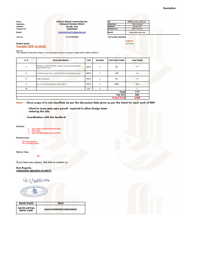 Tanajib MEP As Built Quotation On 19-10-2024 | PDF