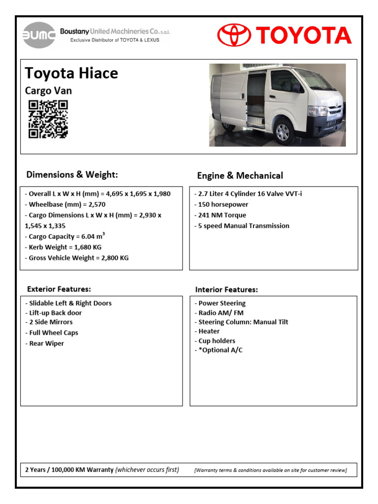 Toyota Hiace Specification Sheets | PDF | Motor Vehicle | Vehicles