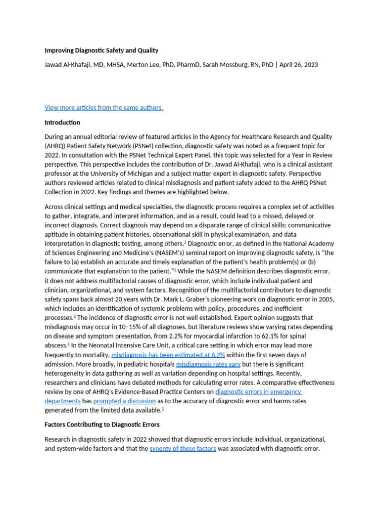 Improving Diagnostic Safety and Quality | PDF | Medical Error | Medical Diagnosis