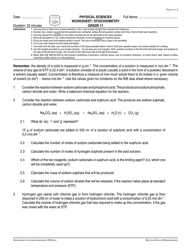 Stoichiometry Revision Worksheet 2018 Q and A | PDF | Acid | Chemical ...