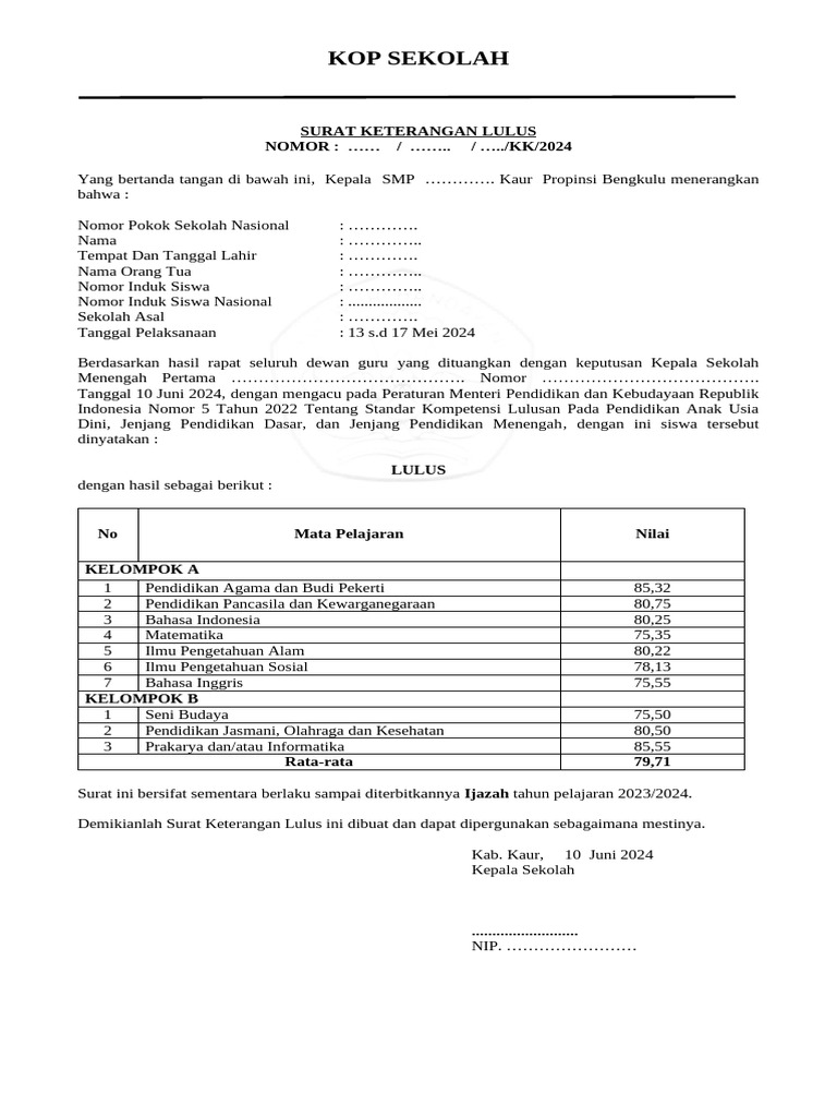 Surat Keterangan Lulus SMP 2024 | PDF