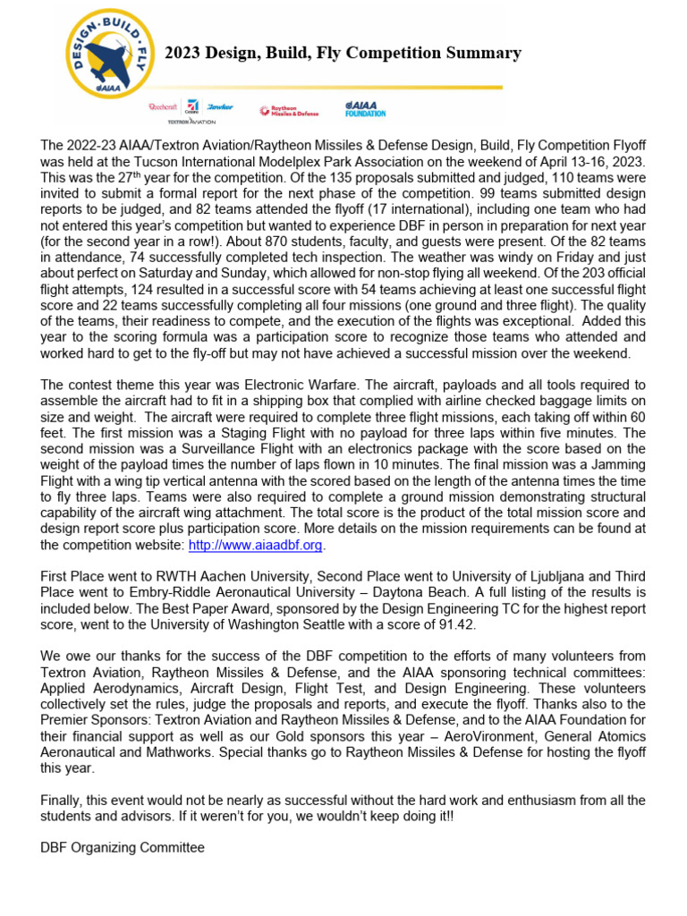 2023 DBF Competition Results Summary | PDF | Aircraft | Flight