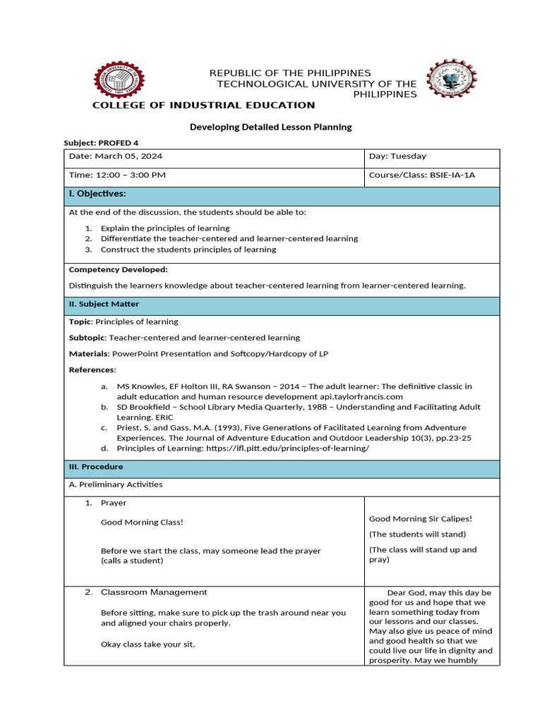Sample DETAILED LESSON PLAN | PDF | Learning | Teachers