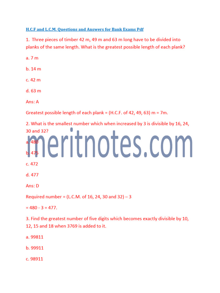 HCF and LCM Questions for Bank Exams | PDF | Discrete Mathematics ...
