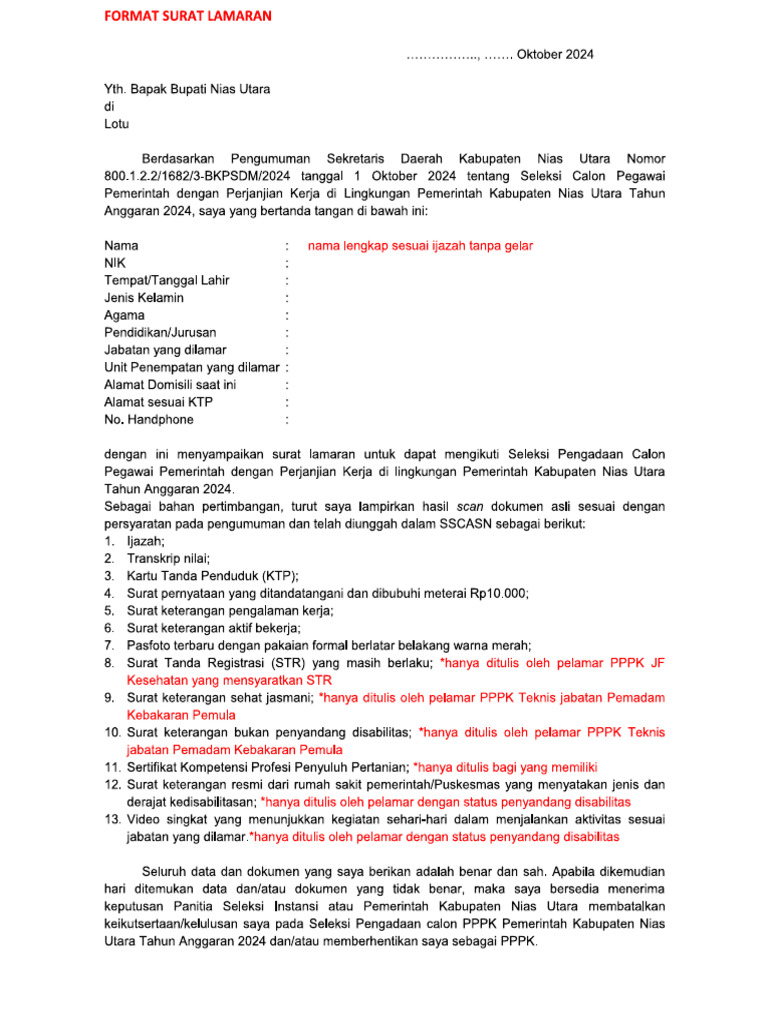Format Surat Lamaran PPPK 2024 | PDF