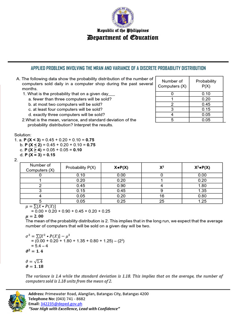 Mean and Variance of A Discrete Probability Distribution | PDF ...