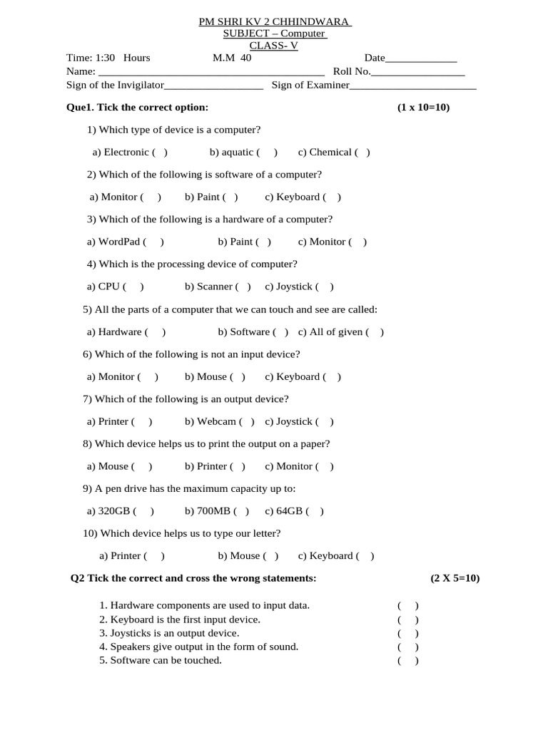 Class V Computer Exam Paper | PDF | Computer Hardware | Input/Output