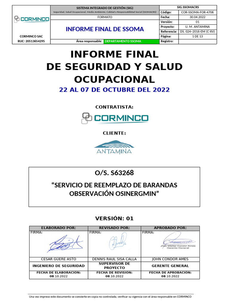Cor Ssoma For 4706 Informe Final Ssoma | PDF | Seguridad y salud ocupacional
