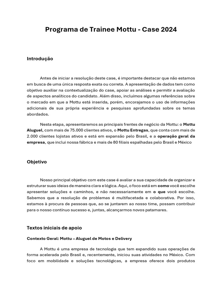 Case 2024 – Programa de Trainee Mottu | PDF | Brasil | E-commerce