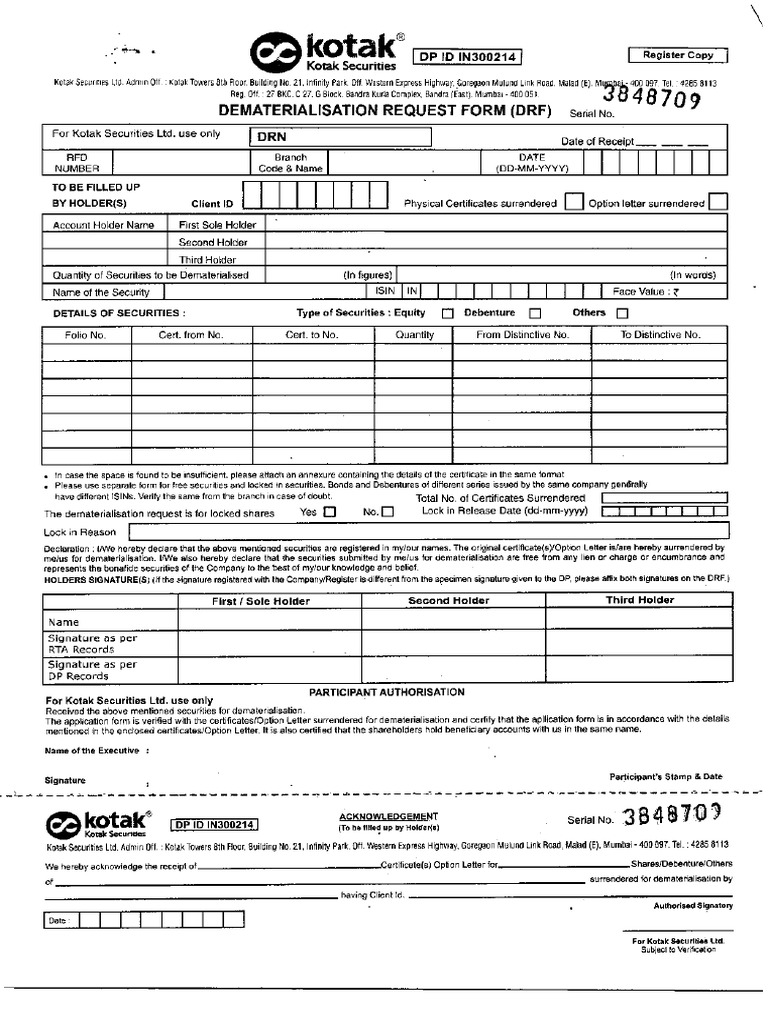 DRF Form I e Dematerialisation Request Form 00000002 94377c09a2 | PDF