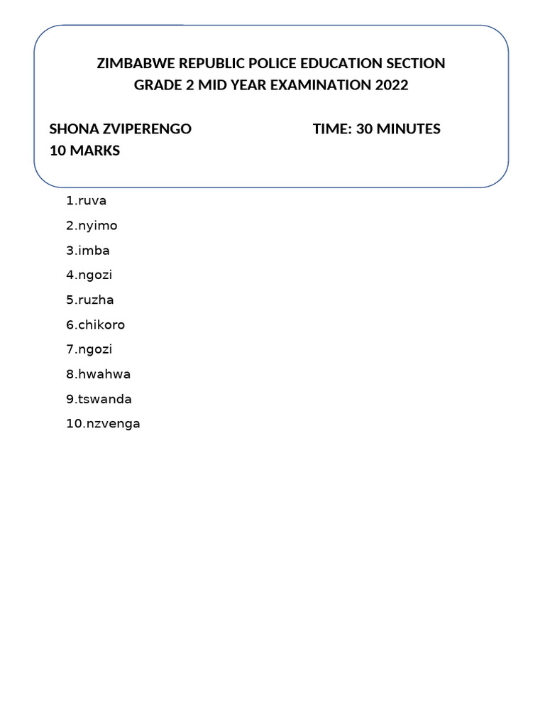 Grade 2 Shona Zviperengo Mid Year 2022 | PDF