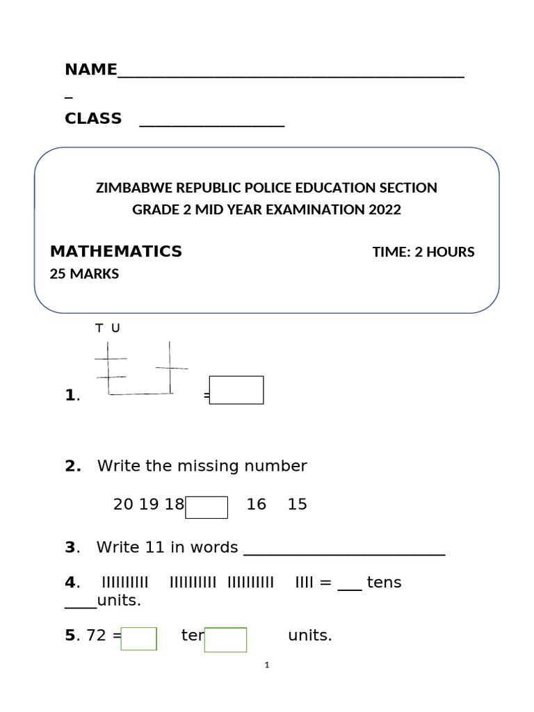Grade 2 Mathematics Mid Year 2022 | PDF