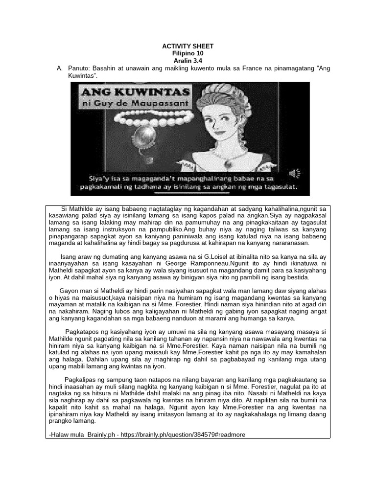 ACTIVITY SHEET Filipino 10 (Aralin 1.4) | PDF