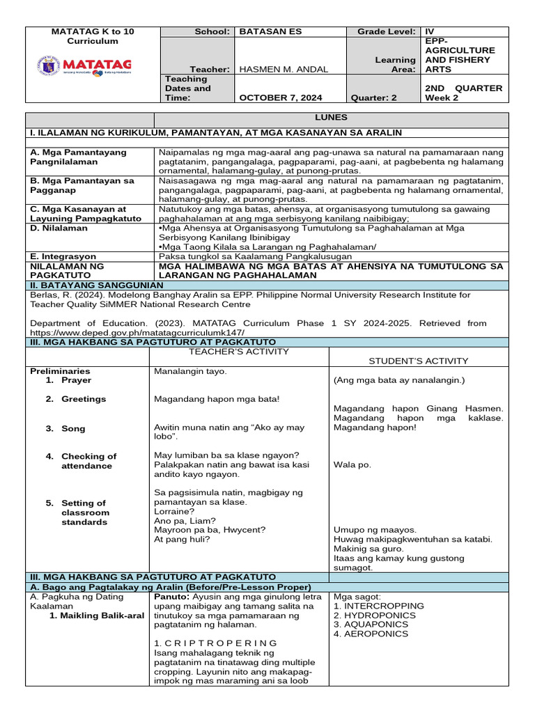 EPP-AFA day 2 lesson plan week 2 quarter 2 | PDF